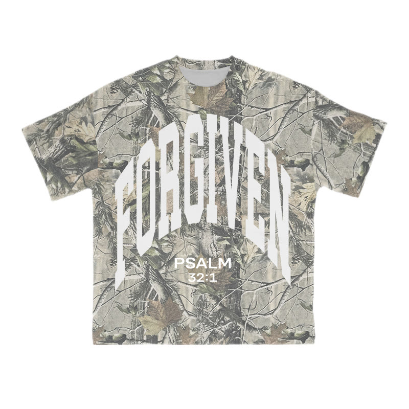 Forgiven Psalm 32:1 Dead Leaves Camouflage Print Causal T-shirt