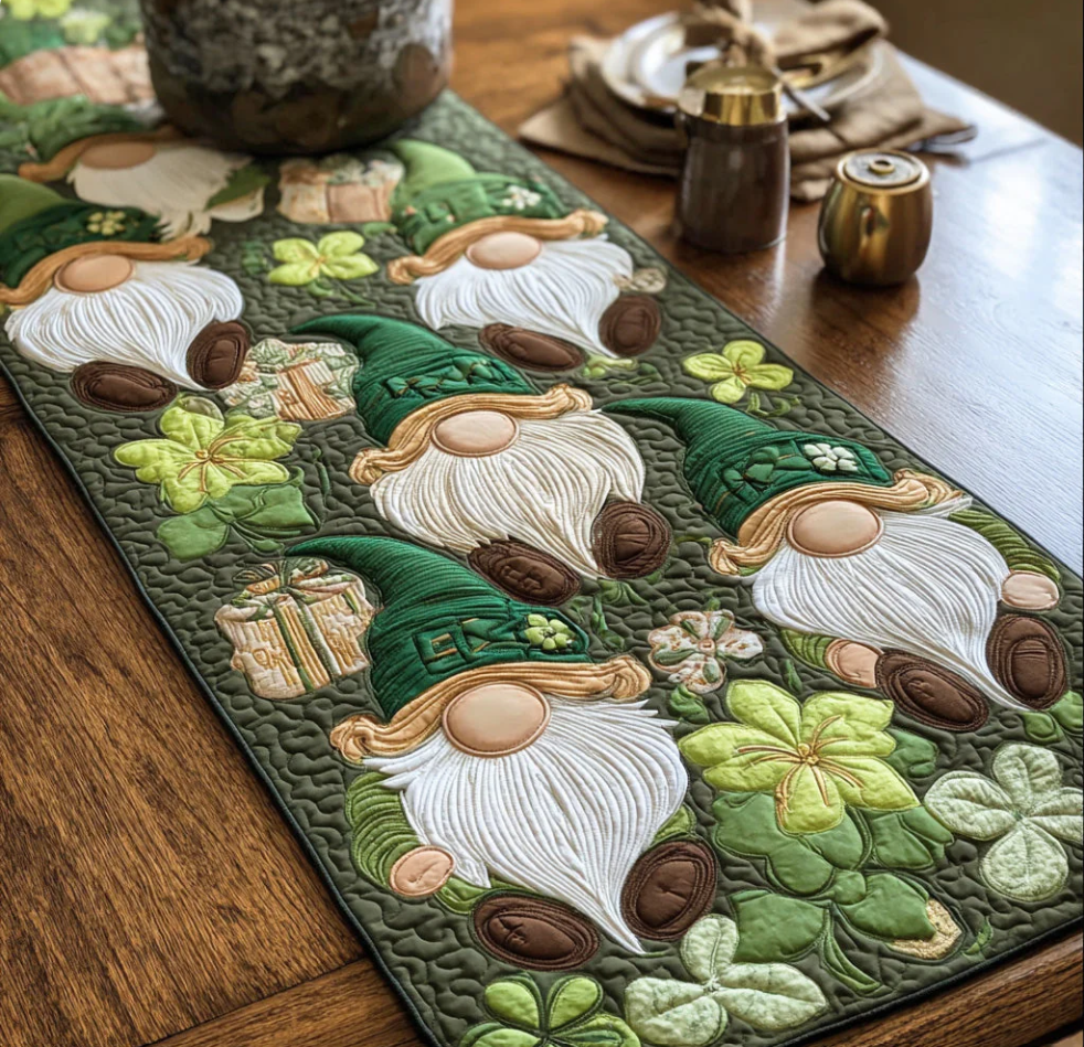 St. Patrick's Day Lucky Gnome & Leprechaun Pattern Quilted Table Runner ...