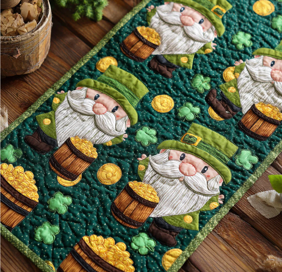 St. Patrick's Day Lucky Gnome & Leprechaun Pattern Quilted Table Runner ...