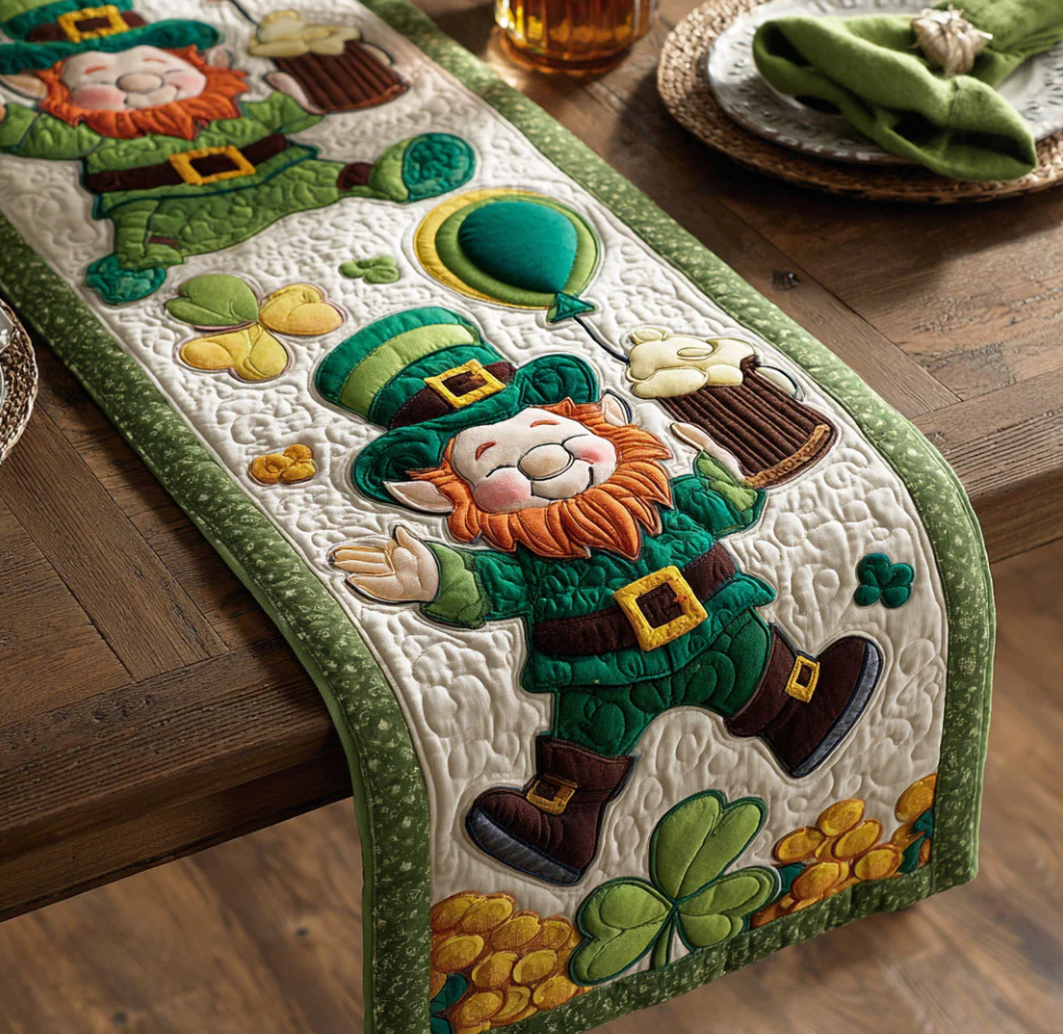 St. Patrick's Day Lucky Gnome & Leprechaun Pattern Quilted Table Runner ...