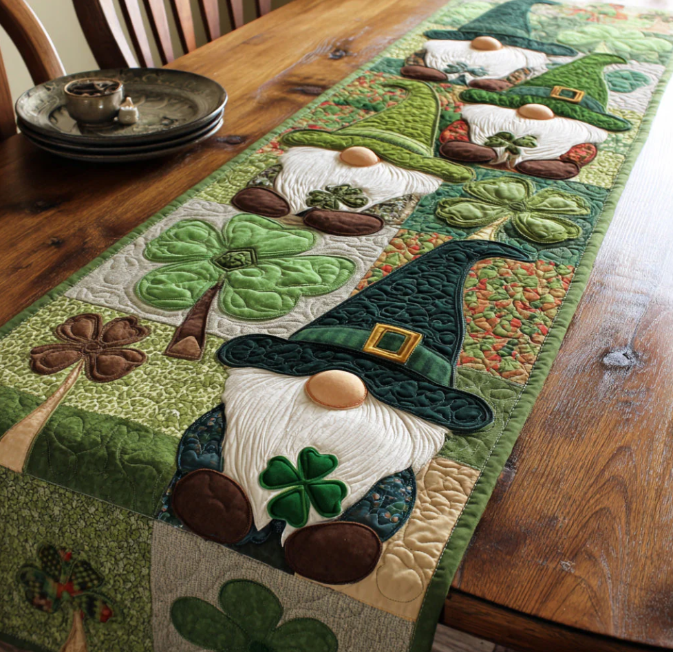 St. Patrick's Day Lucky Gnome & Leprechaun Pattern Quilted Table Runner ...